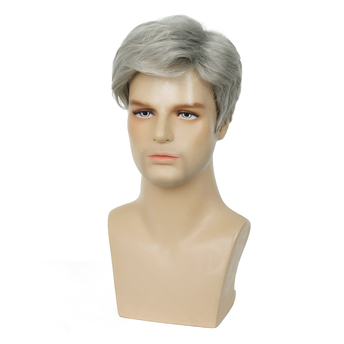 Baruisi Men Wigs Short Silver Gray Wig Synthetic Heat Resistant Natural Halloween Cosplay Hair Wig