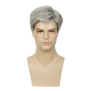 Baruisi Men Wigs Short Silver Gray Wig Synthetic Heat Resistant Natural Halloween Cosplay Hair Wig