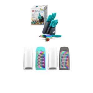 kya27 rainbow color cutlery knife set with wooden block + marco almond ma63 graters for kitchen