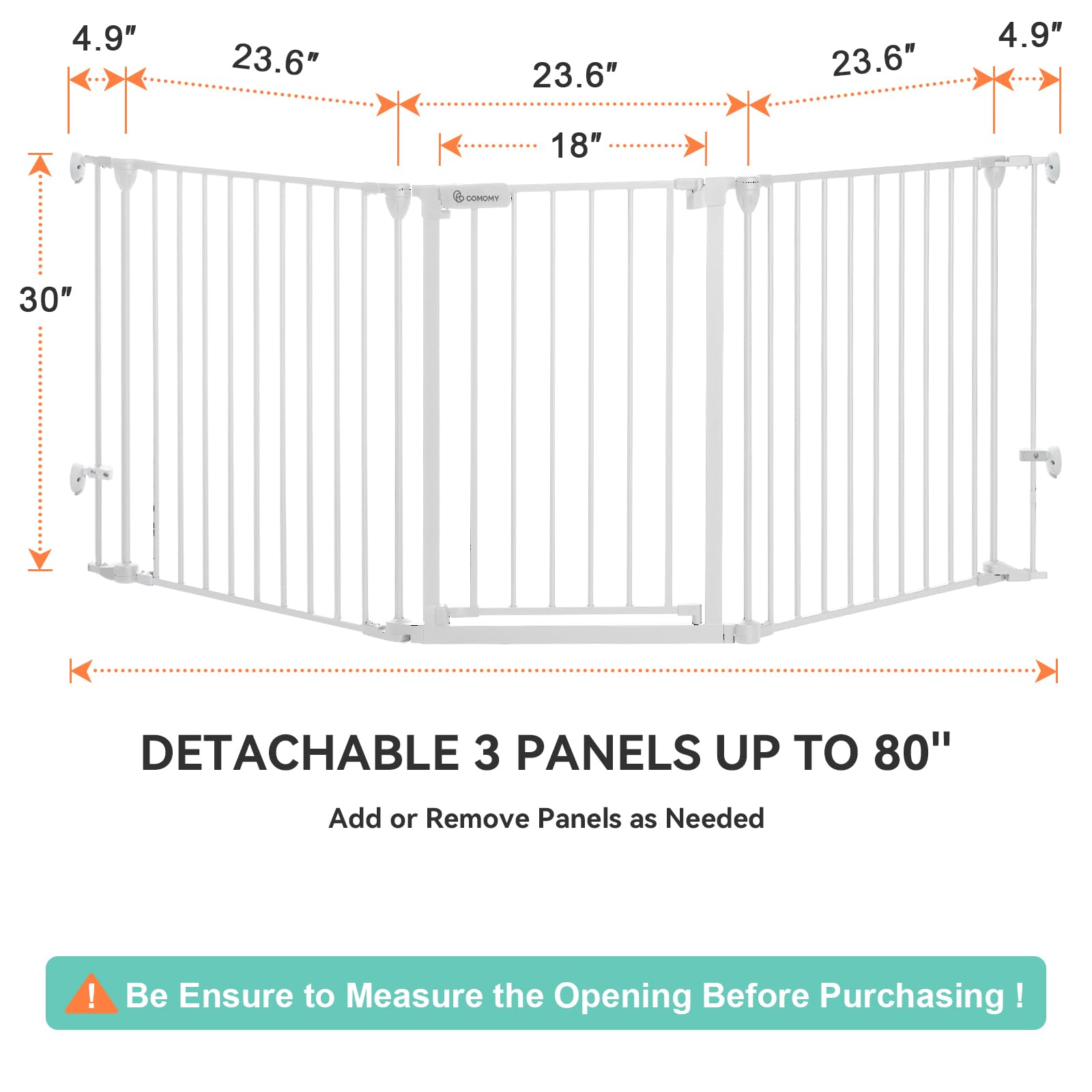 COMOMY 80" Extra Wide Baby Gate, Dog Gate for House Stairs Doorways Fireplace, Auto Close Pet Gate with Door Walk Through, 3 Metal Panels, Hardware Mounted Baby Fence Indoor Outdoor(30" Tall, White)