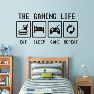 juekui eat sleep game repeat controllers wall decal the gaming life vinyl sticker kids room decor wall art poster decoration w115 (black)