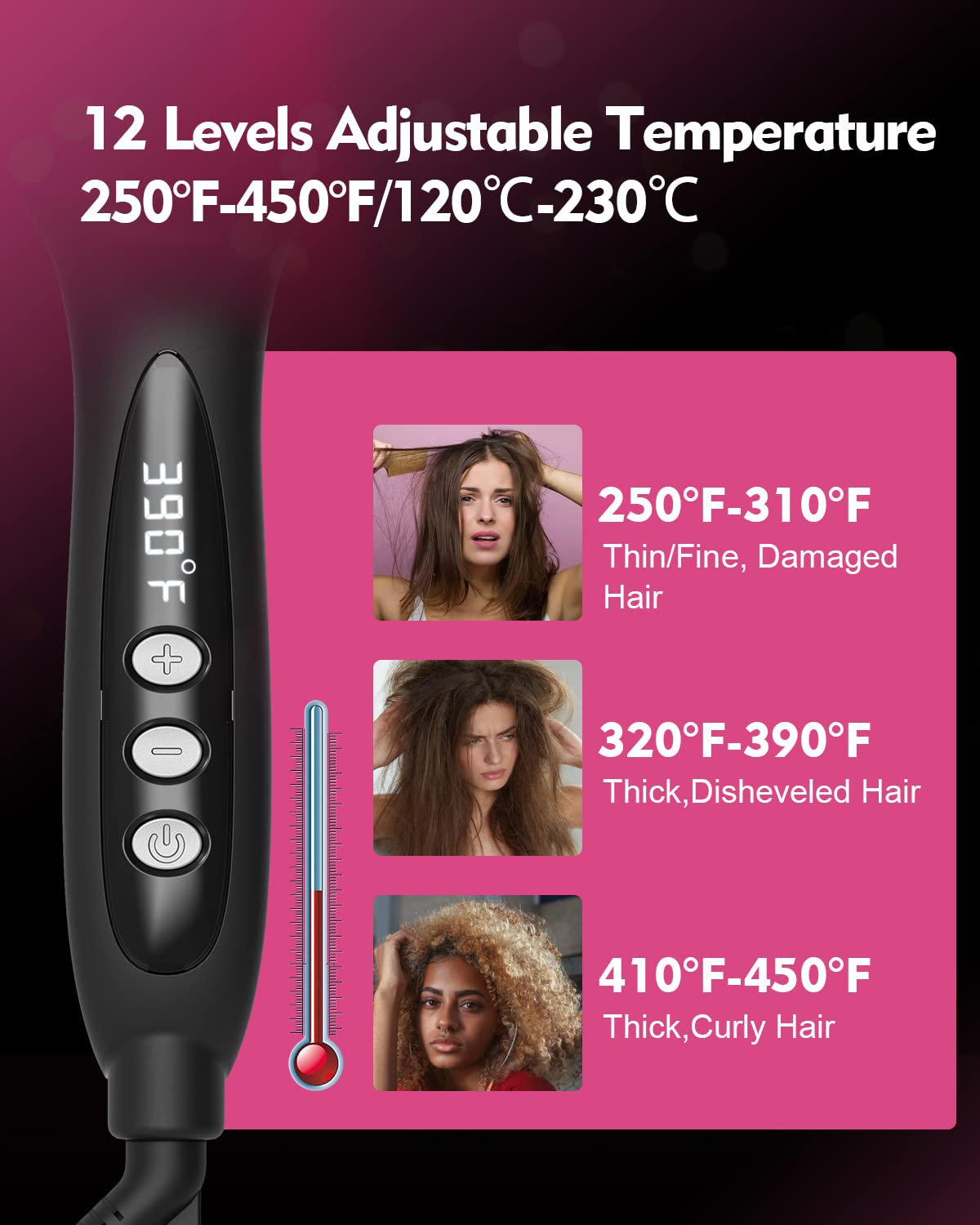 Hair Straighteneing Brush, Negative Ion Hair Straightener Brush with 12 Temp Settings, Fast MCH Ceramic Heating Technology, Anti-Scald, Auto Temperature Lock & Auto Off for Women