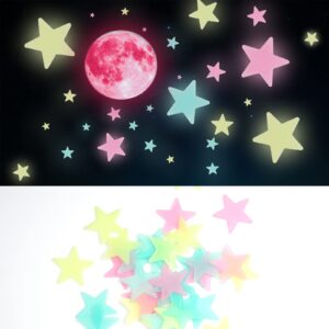 100 pcs glow in the dark stars with 3d moon stickers for ceiling, wall decor sticker for nursery, bedroom, emo room decor decal (red moon)