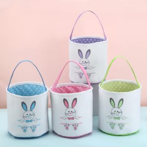 Waarms 2 Pack Easter Bunny Basket Bags for Kids, Canvas Cotton Personalized Egg Basket Hunt Bags Cute Rabbit Print Buckets for Easter Eggs, Candy, Gift (Blue, Purple)