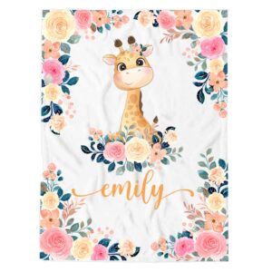 Zoey Art Personalized Baby Blanket, Custom Name Blanket, Mink Sherpa Blanket, Fleece Blanket with Animal Floral for Girls, 30 x 40 Inch Safari Animals Nursery Blanket (Giraffe Yellow)