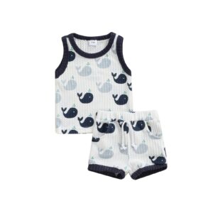 kuriozud baby boy summer clothes cute print sleeveless tank top elastic shorts set 2 piece outfit (dolphin, 12-18 months)