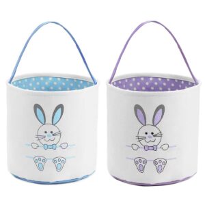 waarms 2 pack easter bunny basket bags for kids, canvas cotton personalized egg basket hunt bags cute rabbit print buckets for easter eggs, candy, gift (blue, purple)