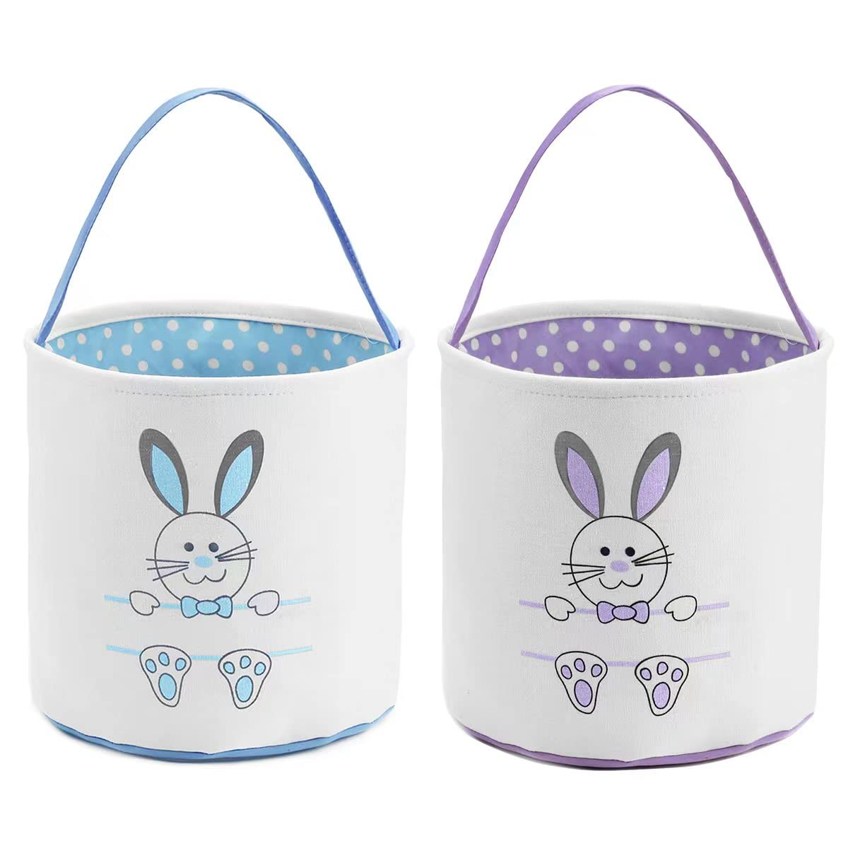 Waarms 2 Pack Easter Bunny Basket Bags for Kids, Canvas Cotton Personalized Egg Basket Hunt Bags Cute Rabbit Print Buckets for Easter Eggs, Candy, Gift (Blue, Purple)