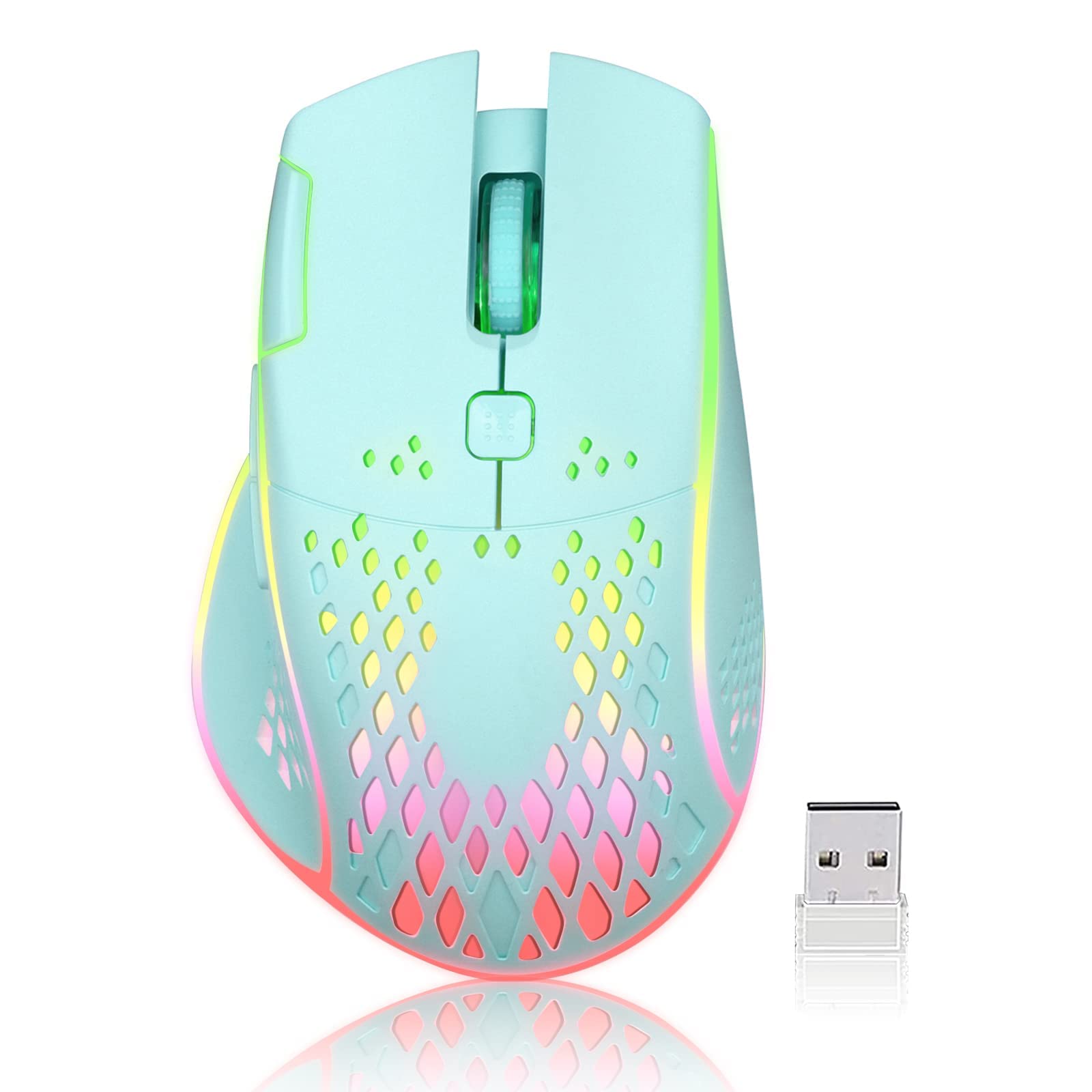 VEGCOO Wireless Gaming Mouse, C30 Silent Click Wireless Rechargeable Gaming Mouse with Double-Click Key and Colorful LED Lights, 3 Level Adjustable DPI for Gaming and Working (Blue)