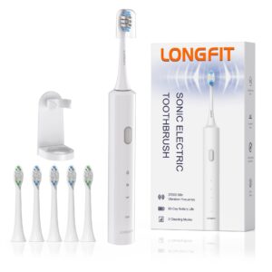 long fit electric toothbrush for adult ultrasonic, basic 90 days standby 37000vpm clean massage sensitive modes with 5 replacement toothbrush heads