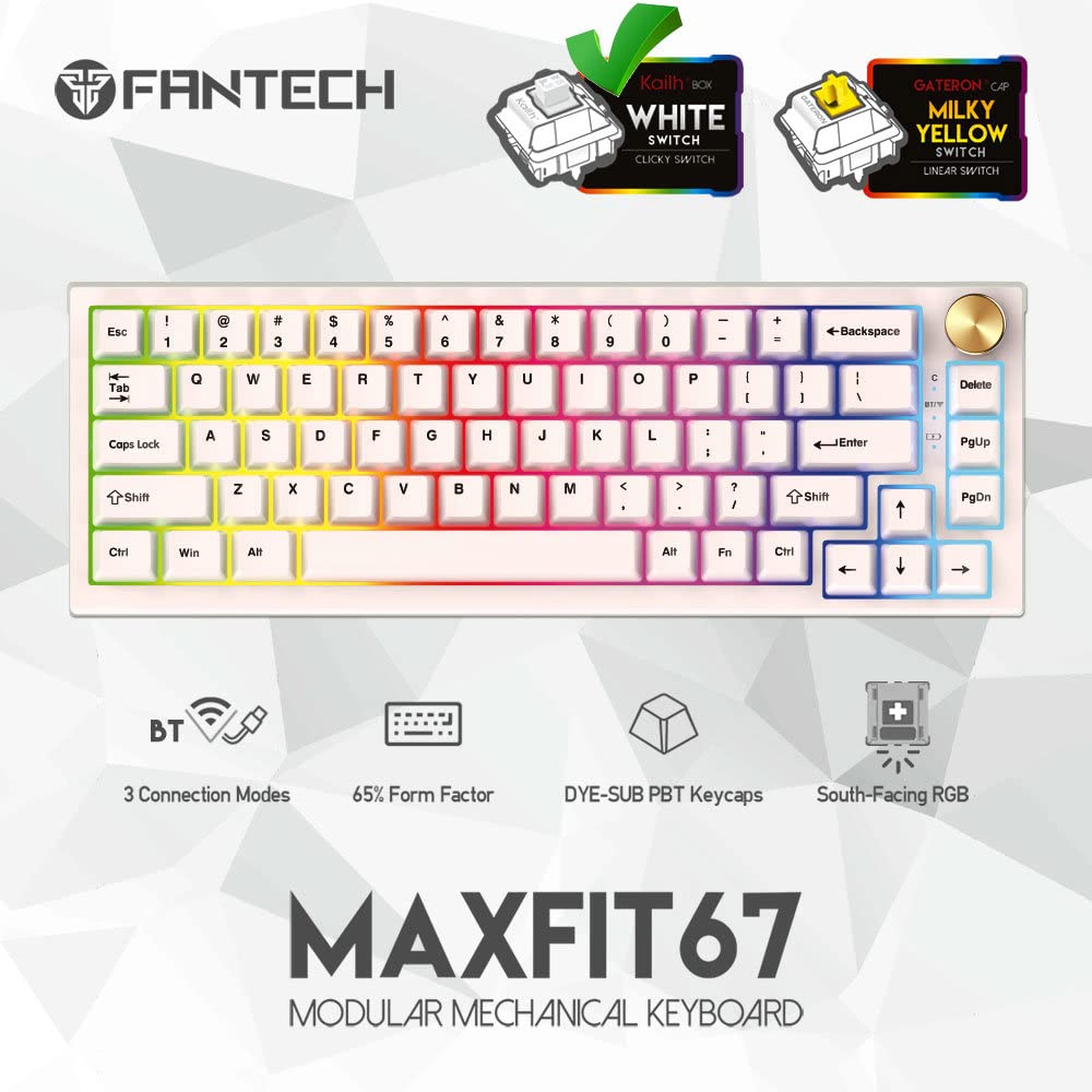 FANTECH MAXFIT67 3-Mode Custom Mechanical Gaming Keyboard RGB Backlit, 65% (67-key) Hot Swappable Type-C Wired South Facing Mechanical Keyboard, Kailh White Switch, Black