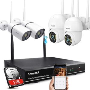 smartsf security camera system with 1tb, 3mp 8ch wireless camera system for 24-7 recording, ptz cameras and bullet cameras with motion detection, auto tracking, two way talk, color night vision