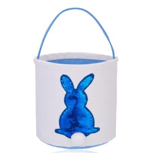 jilimeli easter bunny basket, easter bucket with sequin rabbit, fluffy tail, easter bucket empty, gifts, eggs, toys, candy, bunny tote easter bunny baskets for kids (blue)