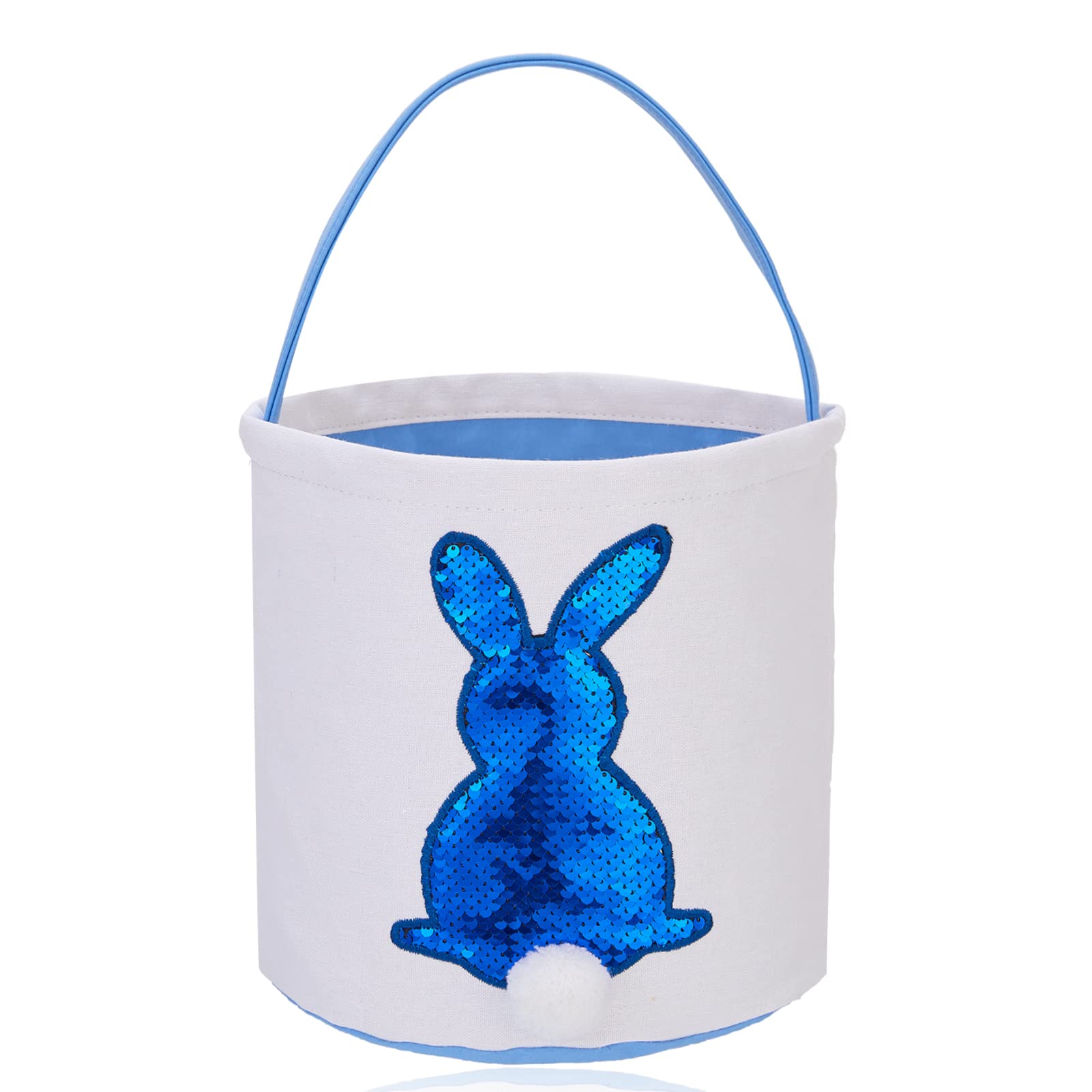 Jilimeli Easter Bunny Basket, Easter Bucket with Sequin Rabbit, Fluffy Tail, Easter Bucket Empty, Gifts, Eggs, Toys, Candy, Bunny Tote Easter Bunny Baskets for Kids (Blue)