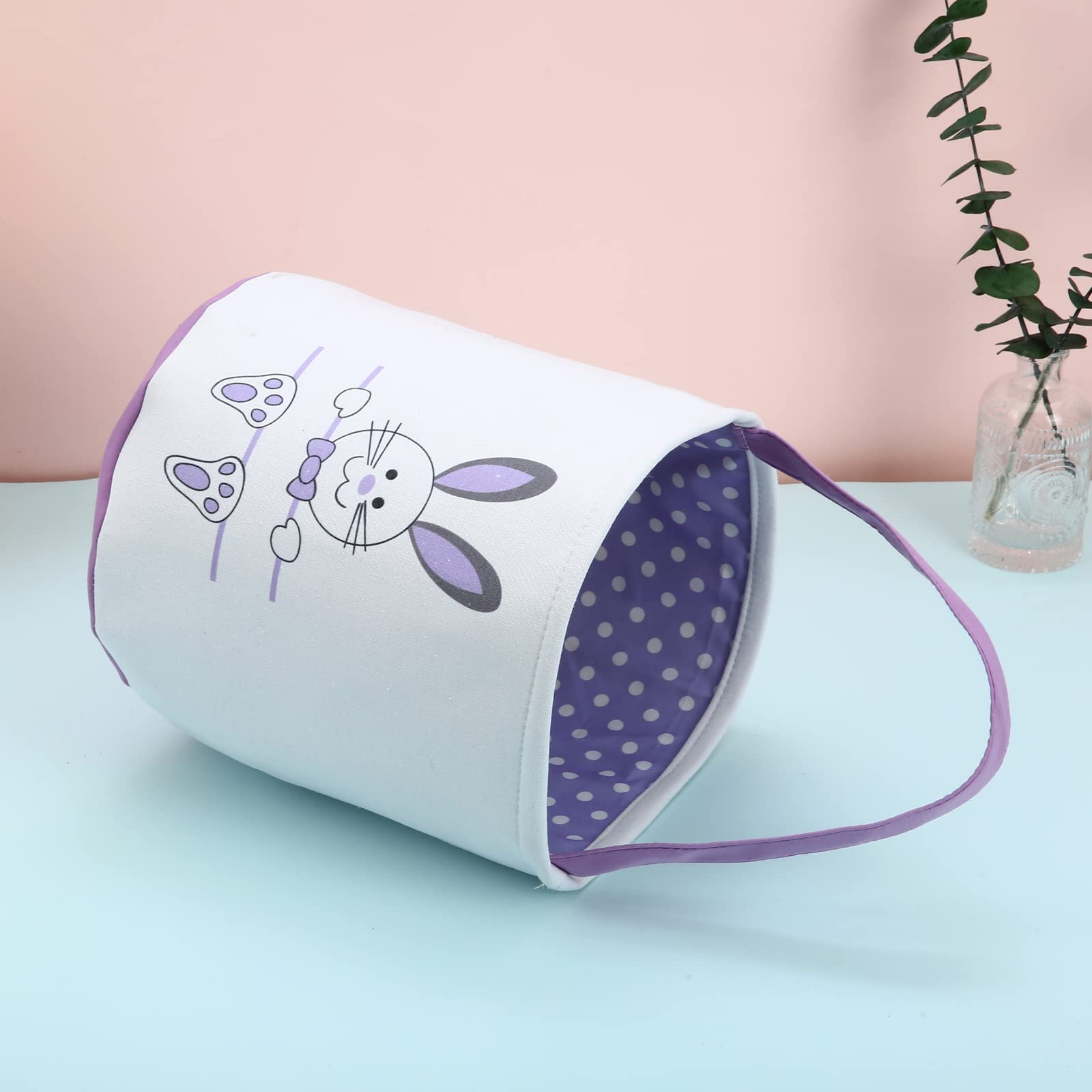 Waarms 2 Pack Easter Bunny Basket Bags for Kids, Canvas Cotton Personalized Egg Basket Hunt Bags Cute Rabbit Print Buckets for Easter Eggs, Candy, Gift (Blue, Purple)