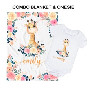 Zoey Art Personalized Baby Blanket, Custom Name Blanket, Mink Sherpa Blanket, Fleece Blanket with Animal Floral for Girls, 30 x 40 Inch Safari Animals Nursery Blanket (Giraffe Yellow)