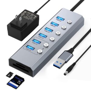 powered usb 3.0 hub, elecife 8-port powered usb hub, aluminum usb splitter with 6 usb 3.0 data ports, sd/tf card readers, individual on/off power switches and 5v/3a power adapter (42 inch)