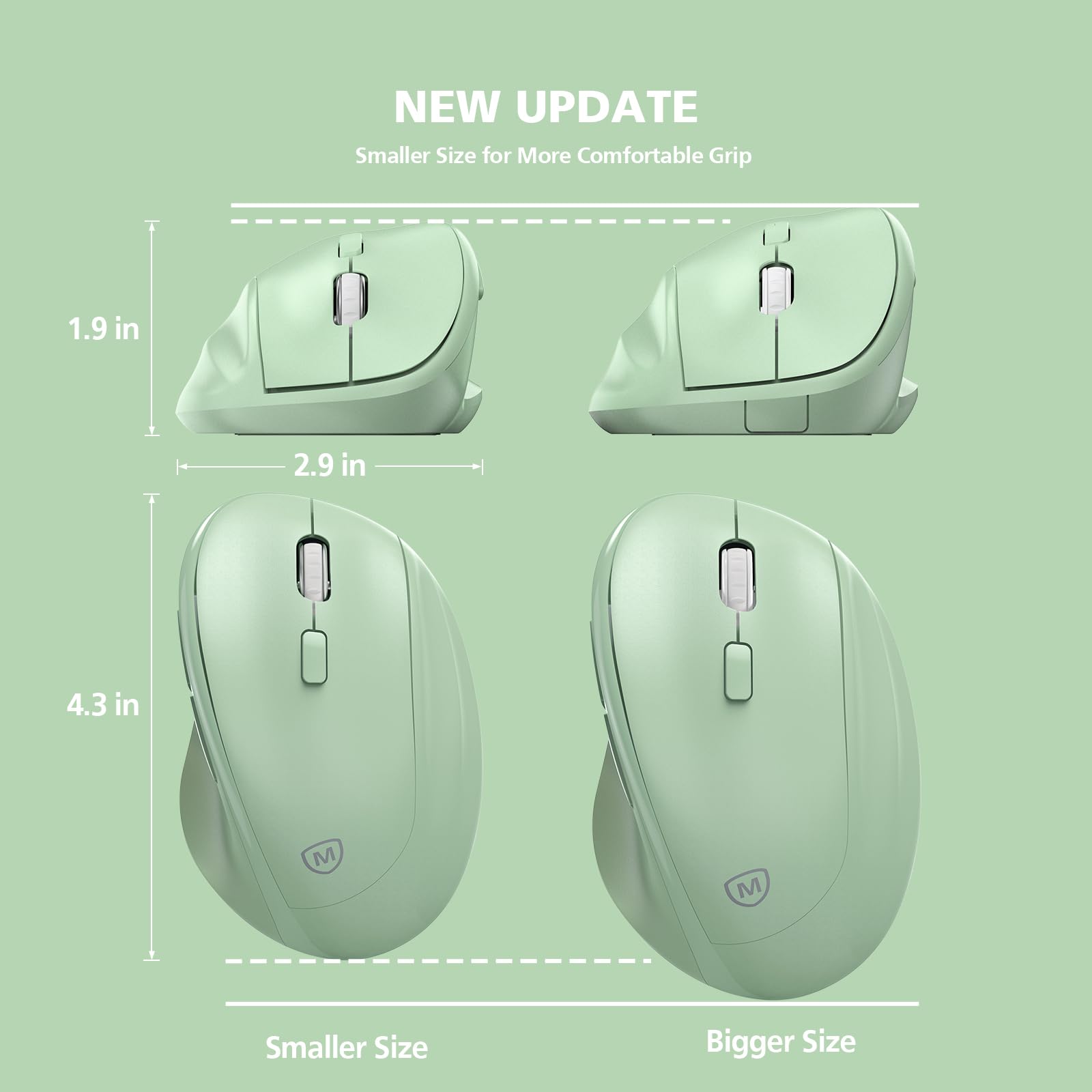 Ergonomic Wireless Mouse 2024 New, Updated Smaller Ergo Mouse with USB Receiver for PC Computer, Laptop and Desktop, Vertical Mouse with Silent Clicks Long Battery Life Up to 1600 DPI, Green