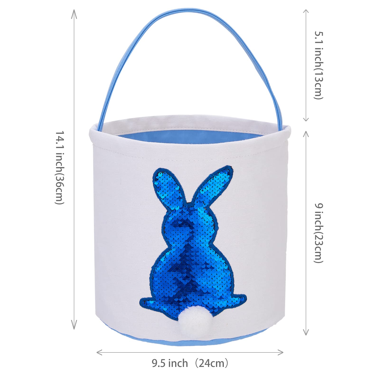 Jilimeli Easter Bunny Basket, Easter Bucket with Sequin Rabbit, Fluffy Tail, Easter Bucket Empty, Gifts, Eggs, Toys, Candy, Bunny Tote Easter Bunny Baskets for Kids (Blue)