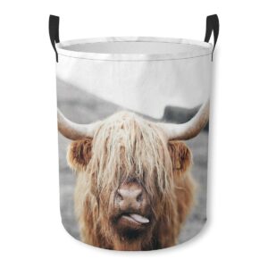 omw2fyb funny highland cow head laundry basket fabric collapsible organizer basket for storage bin toy bins gift baskets bedroom clothes nursery hamper, 17'' h x 13.6''d