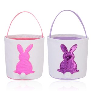 zhuqing easter bunny basket bags, 2 pack bunny bags with fluffy tail for kids boys girls, carrying gift and easter eggs hunt bag, printed rabbit canvas toys bucket tote (pink & purple)