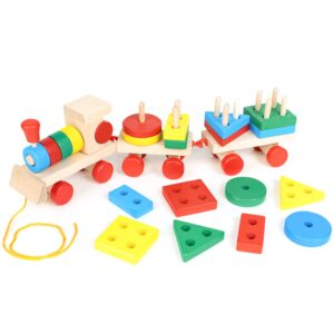 wemmicks wooden train toddler toy, wooden blocks for 1-3 year old boys girls, montessori sorting stacking toy, preschool educational toy for kids