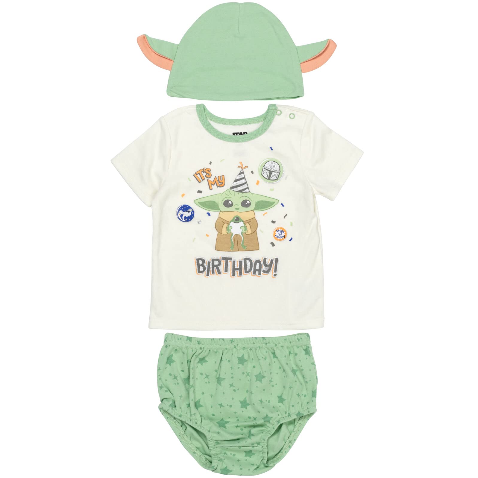 STAR WARS The Child Infant Baby Boys Pullover T-Shirt Diaper Cover and Hat 3 Piece Outfit Set Green/White 18 Months