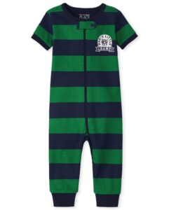 the children's place baby boys' and toddler short sleeve zip-front one piece footless pajama snug fit 100% cotton, green stripe, 3t