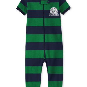 The Children's Place Baby Boys' and Toddler Short Sleeve Zip-Front One Piece Footless Pajama Snug Fit 100% Cotton, Green Stripe, 3T