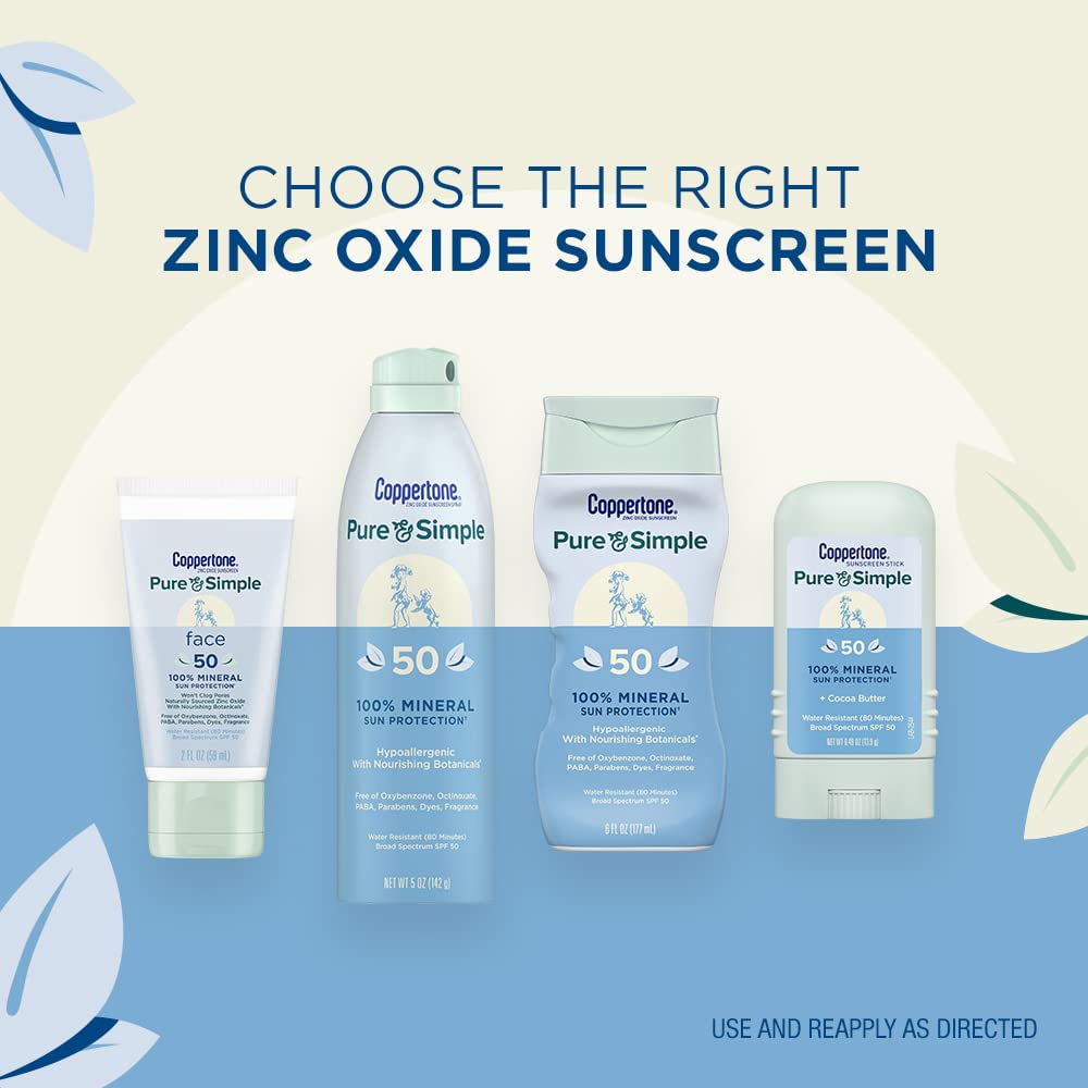 Coppertone Pure and Simple Mineral Sunscreen Pack with Zinc Oxide Protection, Hypoallergenic, Sunscreen Spray SPF 50, 5 Oz Can + SPF 50 Sunscreen Stick, 0.49 Oz, Holiday Gifts for Self Care