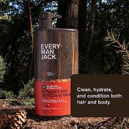 Every Man Jack Cedar + Red Sage Mens 3-in-1 All Over Wash for All Skin and Hair Types - Cleanse, Nourish, and Protect Skin and Hair with Naturally Derived Soy Proteins, Aloe, Glycerin - 2 Bottles