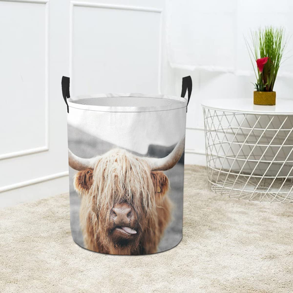 Omw2fyb Funny Highland Cow Head Laundry Basket Fabric Collapsible Organizer Basket for Storage Bin Toy Bins Gift Baskets Bedroom Clothes Nursery Hamper, 17'' H x 13.6''D