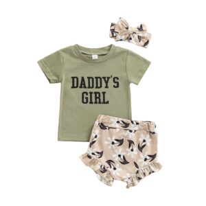 newborn baby girls summer clothes short sleeve shirt tops ruffle floral shorts infant headband toddler kids 3pcs outfits set (a1 green, 0-6 months)