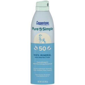 Coppertone Pure and Simple Mineral Sunscreen Pack with Zinc Oxide Protection, Hypoallergenic, Sunscreen Spray SPF 50, 5 Oz Can + SPF 50 Sunscreen Stick, 0.49 Oz, Holiday Gifts for Self Care