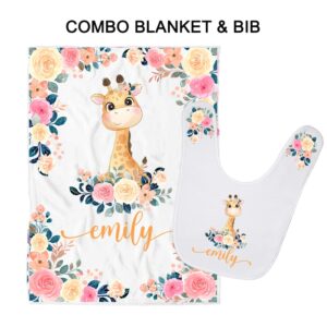 Zoey Art Personalized Baby Blanket, Custom Name Blanket, Mink Sherpa Blanket, Fleece Blanket with Animal Floral for Girls, 30 x 40 Inch Safari Animals Nursery Blanket (Giraffe Yellow)