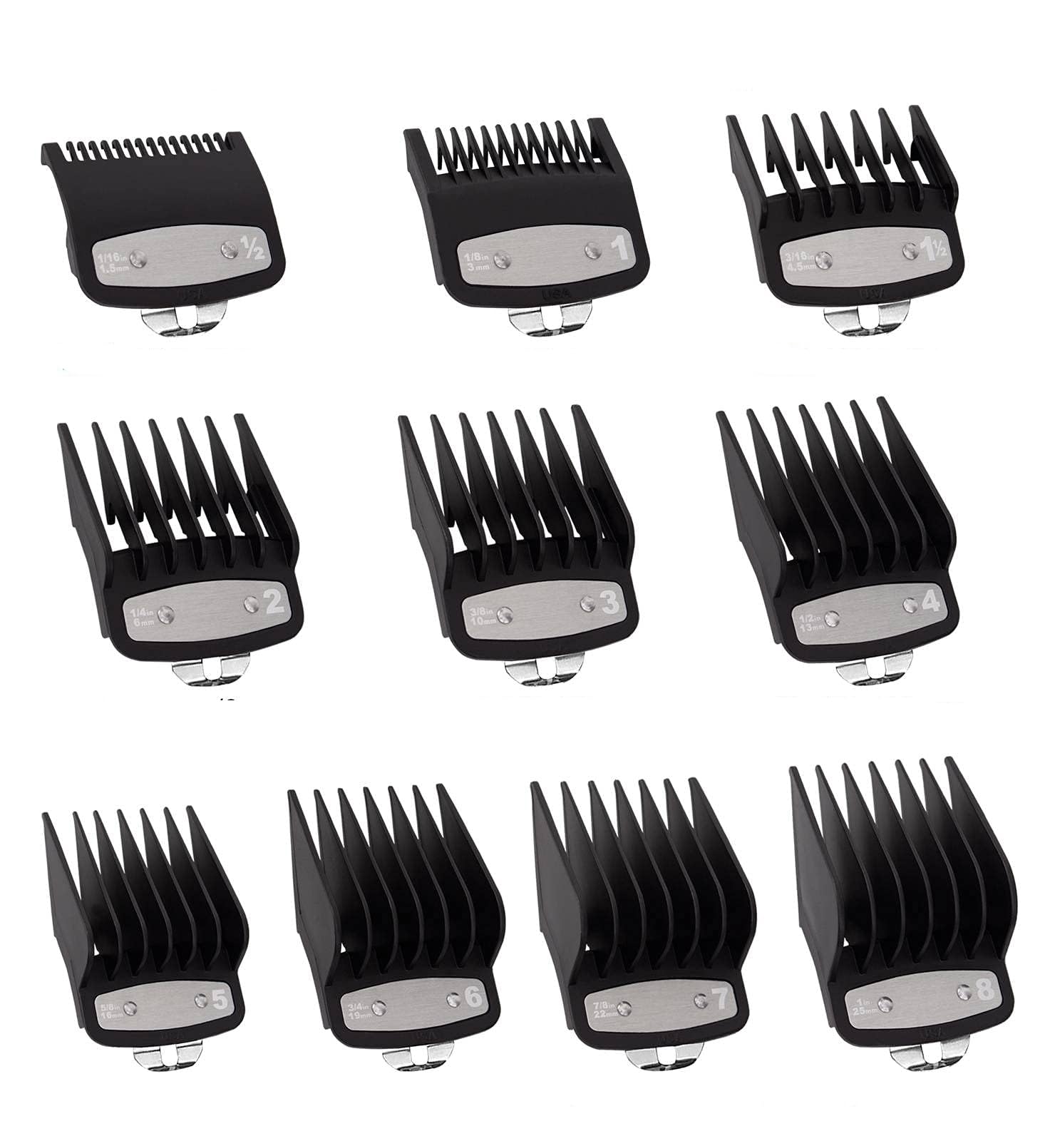 Clipper Guards Cutting Guides Compatible with Wahl Clipper with Metal Clip-from 1/16 Inch to 1 Inch(1.5-25mm)，10 Pack Black