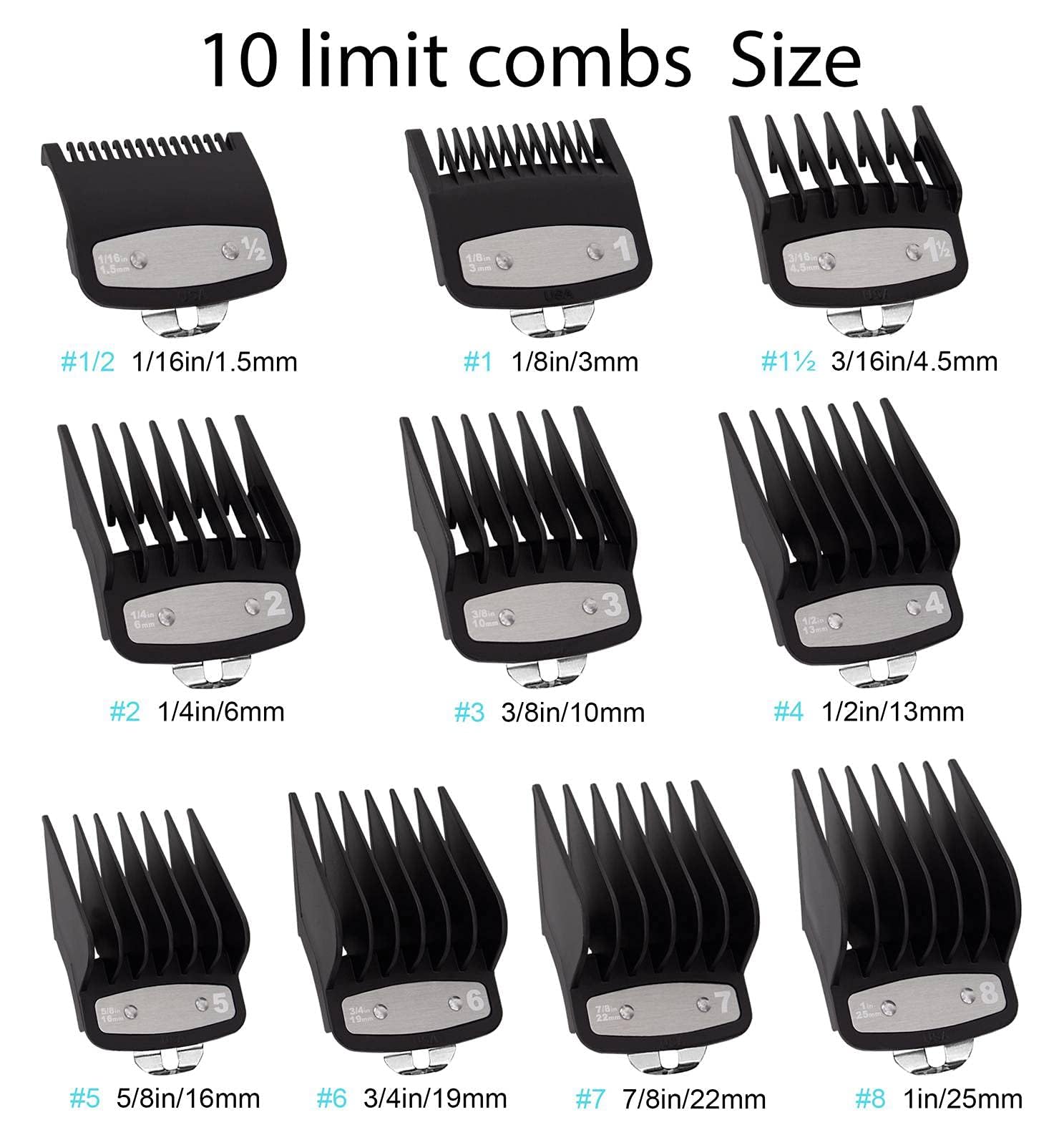 Clipper Guards Cutting Guides Compatible with Wahl Clipper with Metal Clip-from 1/16 Inch to 1 Inch(1.5-25mm)，10 Pack Black