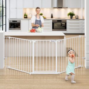 comomy 80" extra wide baby gate, dog gate for house stairs doorways fireplace, auto close pet gate with door walk through, 3 metal panels, hardware mounted baby fence indoor outdoor(30" tall, white)