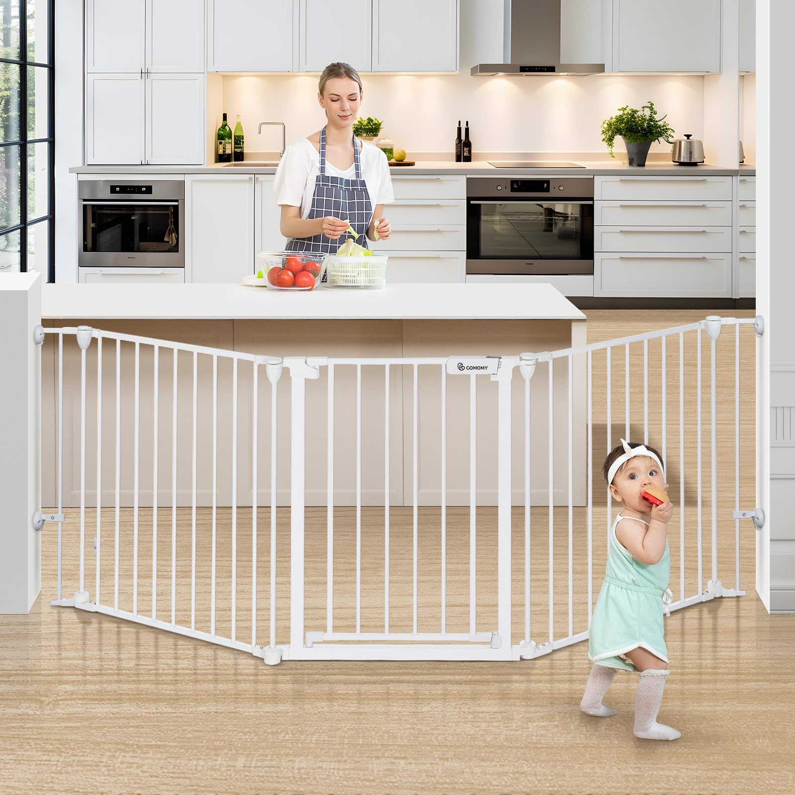 COMOMY 80" Extra Wide Baby Gate, Dog Gate for House Stairs Doorways Fireplace, Auto Close Pet Gate with Door Walk Through, 3 Metal Panels, Hardware Mounted Baby Fence Indoor Outdoor(30" Tall, White)