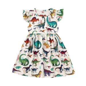 happy town toddler baby girl dress dinosaur printed girl summer dresses fly ruffle sleeve tutu dress casual sundress (white dinosaur, 3-4 years)