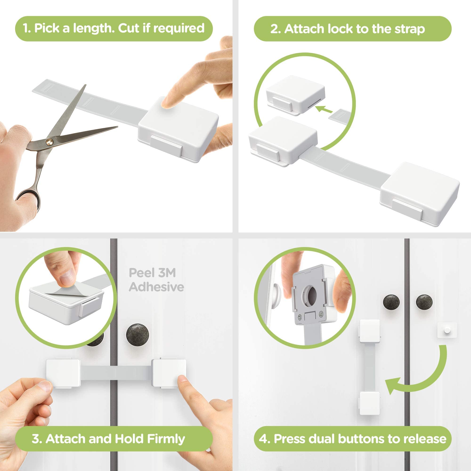 Babyproofing Strap Locks (12-Pack) by Skyla Homes - No Tools or Screws Needed, Wipes for Pre-Install Treatment Included (Degreasing Application Area) - Multipurpose Cabinet Locks for Child Safety