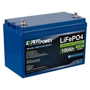 expertpower 12v 100ah lithium lifepo4 deep cycle rechargeable battery | bluetooth | 2500-7000 life cycles & 10-year lifetime | built-in bms | rv, van, solar, trolling motor, overland, off-grid