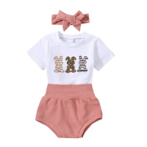 fernvia infant baby girls easter outfits short sleeve rabbit print romper elastic waist shorts with hairband 3pcs clothes set (a pink, 6-12 months)