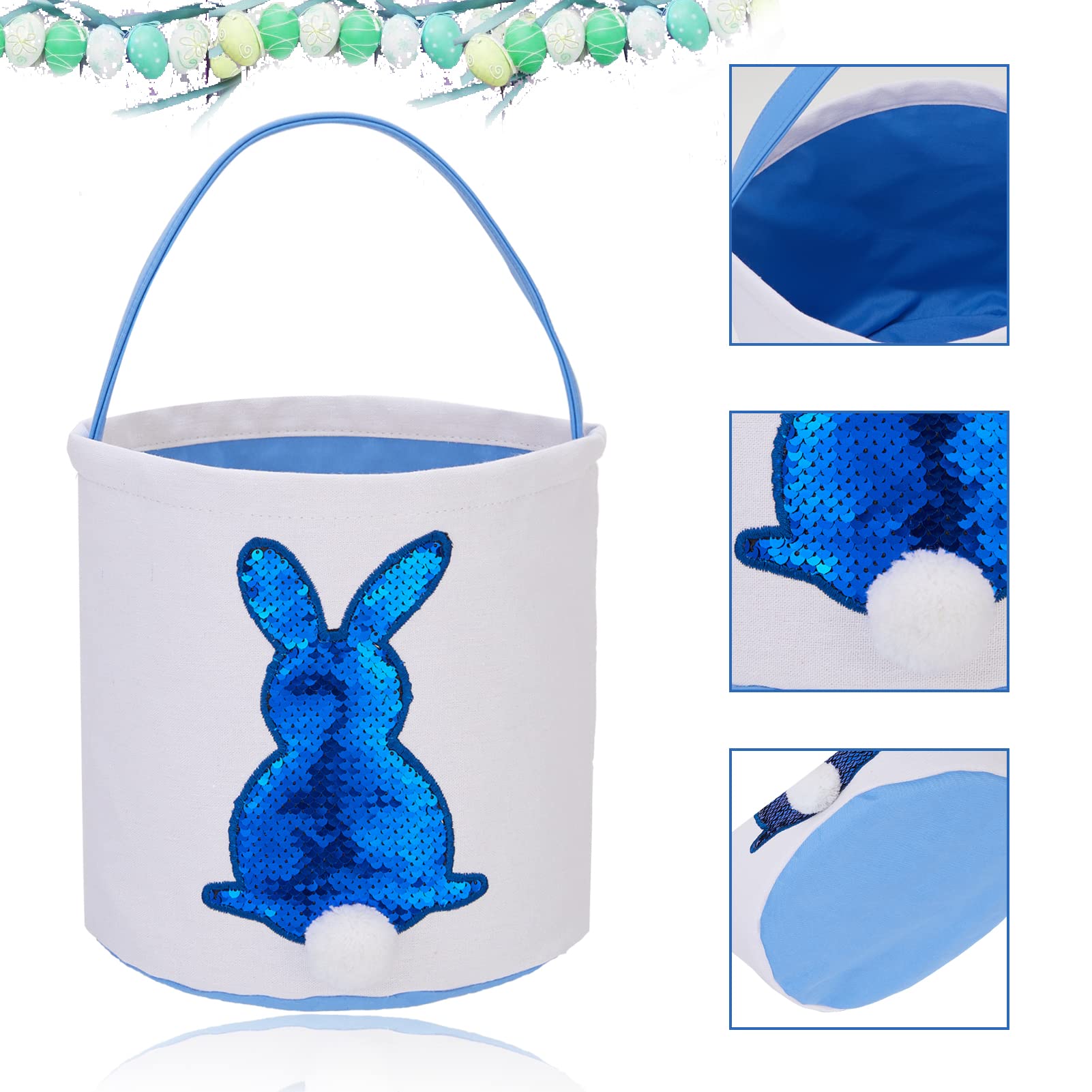 Jilimeli Easter Bunny Basket, Easter Bucket with Sequin Rabbit, Fluffy Tail, Easter Bucket Empty, Gifts, Eggs, Toys, Candy, Bunny Tote Easter Bunny Baskets for Kids (Blue)