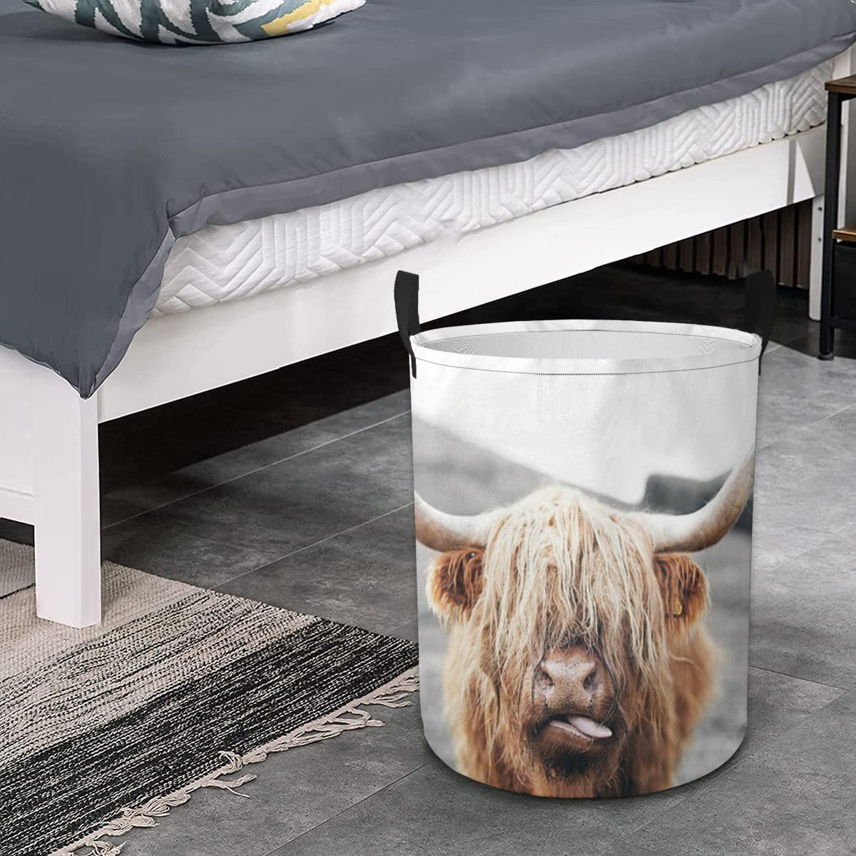 Omw2fyb Funny Highland Cow Head Laundry Basket Fabric Collapsible Organizer Basket for Storage Bin Toy Bins Gift Baskets Bedroom Clothes Nursery Hamper, 17'' H x 13.6''D