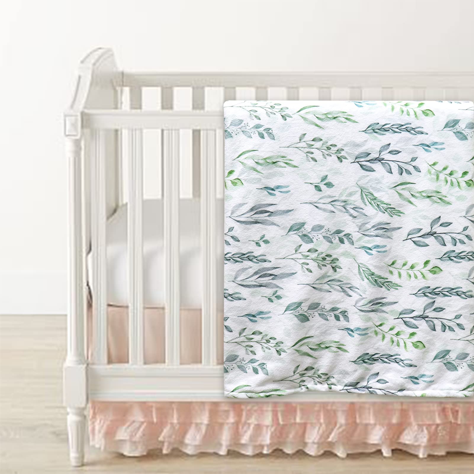 Crib Sheet and Baby Blanket, Green Leaf