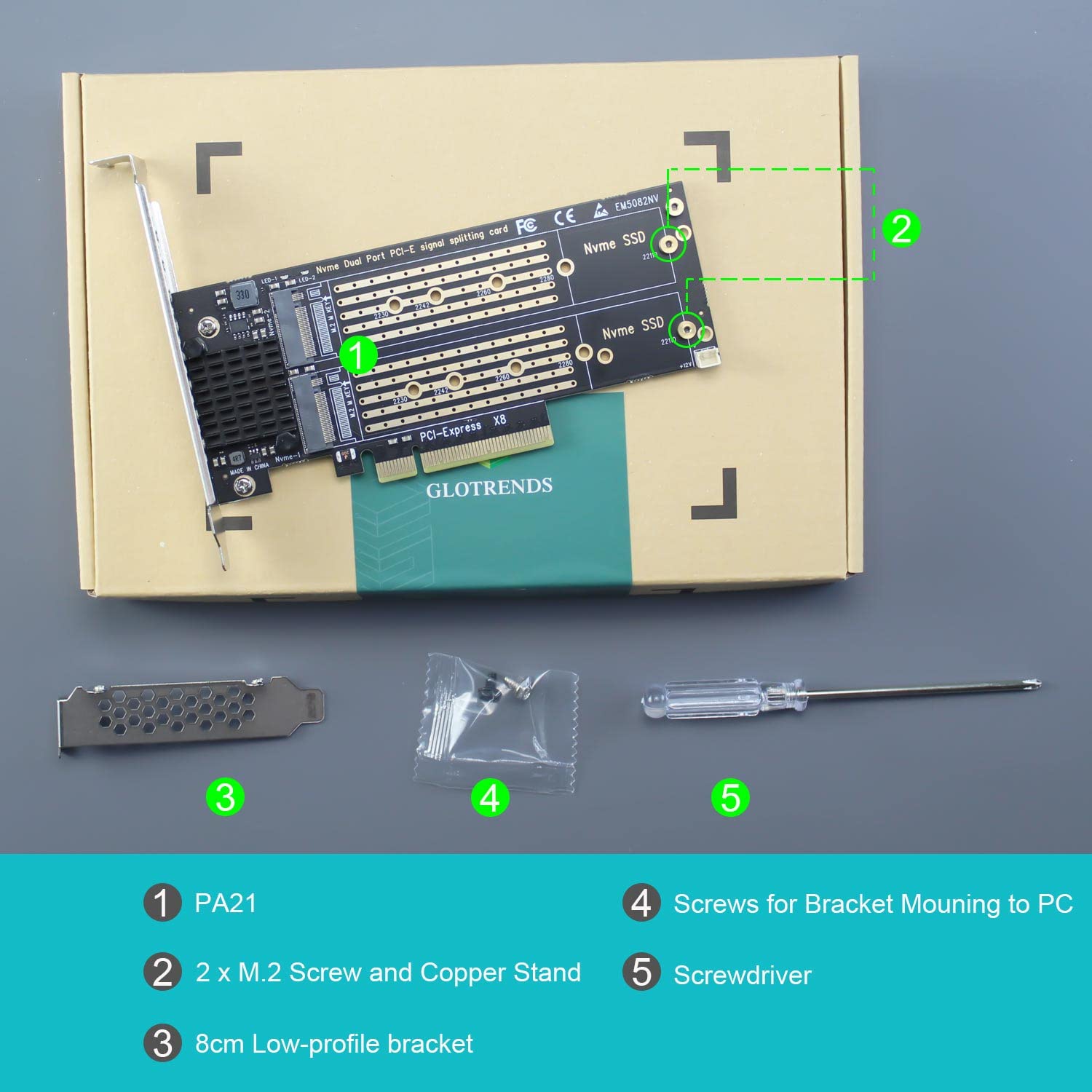 GLOTRENDS PA21 Dual M.2 NVMe to PCIe 4.0 X8 Adapter Without PCIe Bifurcation Function, Support 22110/2280/2260/2242/2230 Size (PCIe Bifurcation Motherboard is Required)