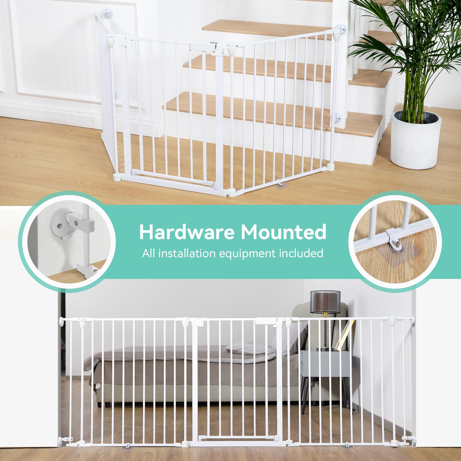 COMOMY 80" Extra Wide Baby Gate, Dog Gate for House Stairs Doorways Fireplace, Auto Close Pet Gate with Door Walk Through, 3 Metal Panels, Hardware Mounted Baby Fence Indoor Outdoor(30" Tall, White)