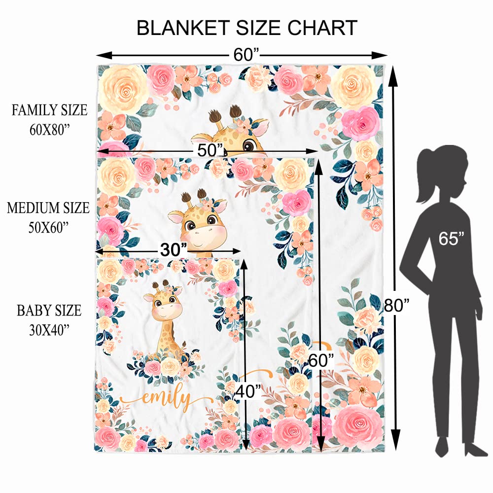 Zoey Art Personalized Baby Blanket, Custom Name Blanket, Mink Sherpa Blanket, Fleece Blanket with Animal Floral for Girls, 30 x 40 Inch Safari Animals Nursery Blanket (Giraffe Yellow)