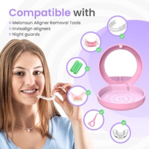 WELLCALE Retainer Case with Built-in Mirror, Aligner Case Compatible with Invisalign, Big Space & Slim Design with Magnetic Closure (Pink). Set of 2